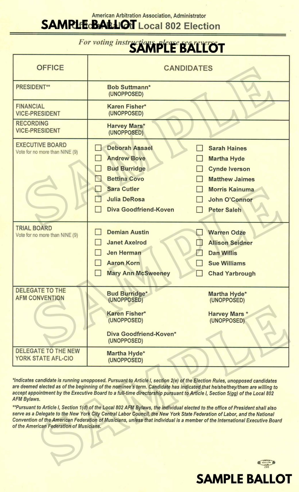 Sample ballot for Local 802 election (2024) | Local 802 AFM